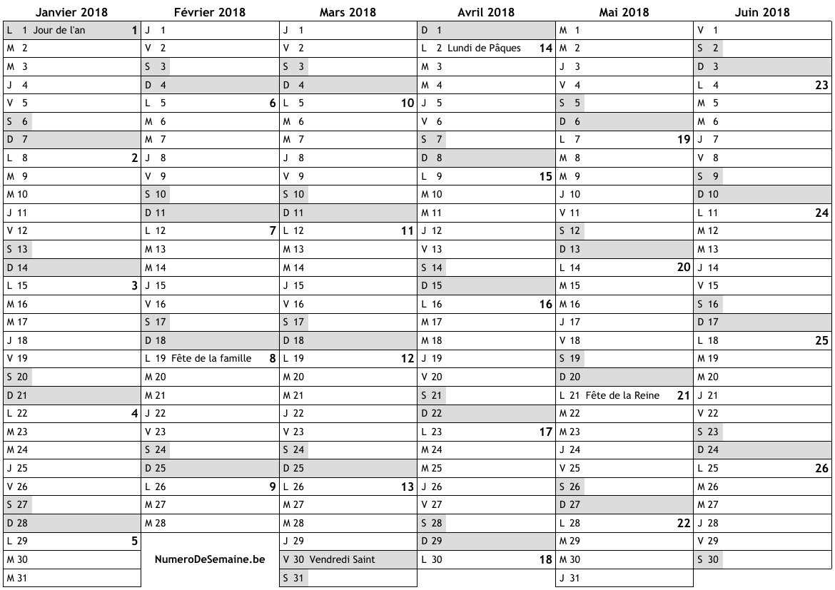 Calendrier 2018 avec jours fériés en Canada et numéro des semaines ...