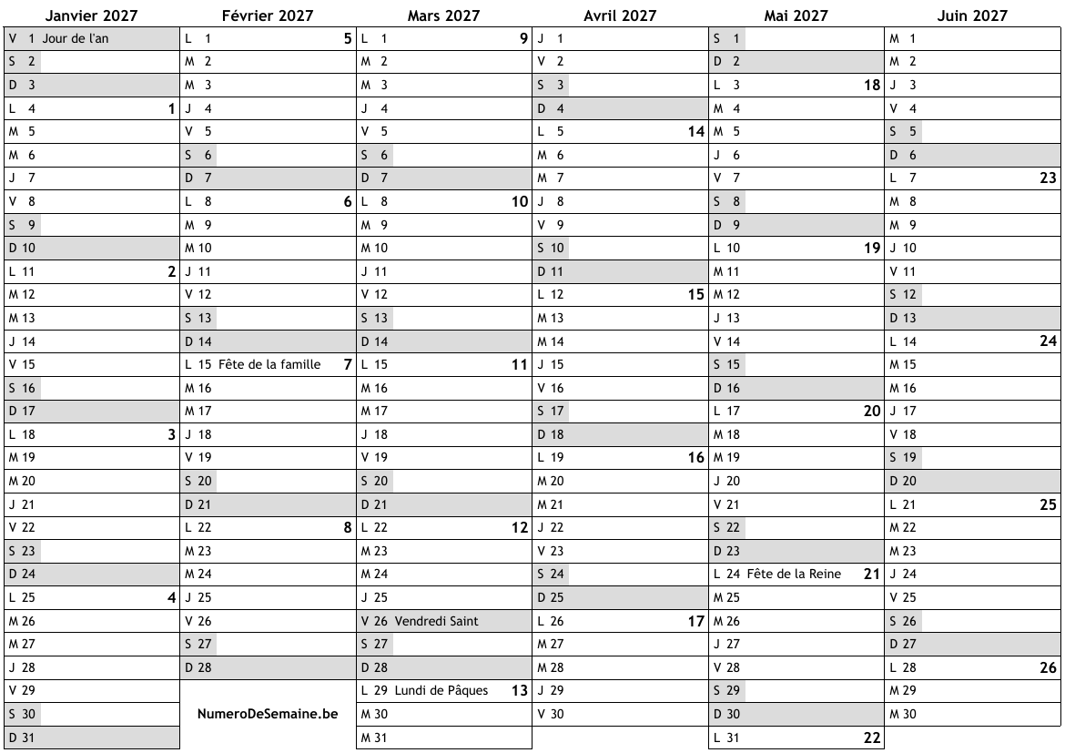Calendrier 2027 avec jours fériés en Canada et numéro des semaines ...